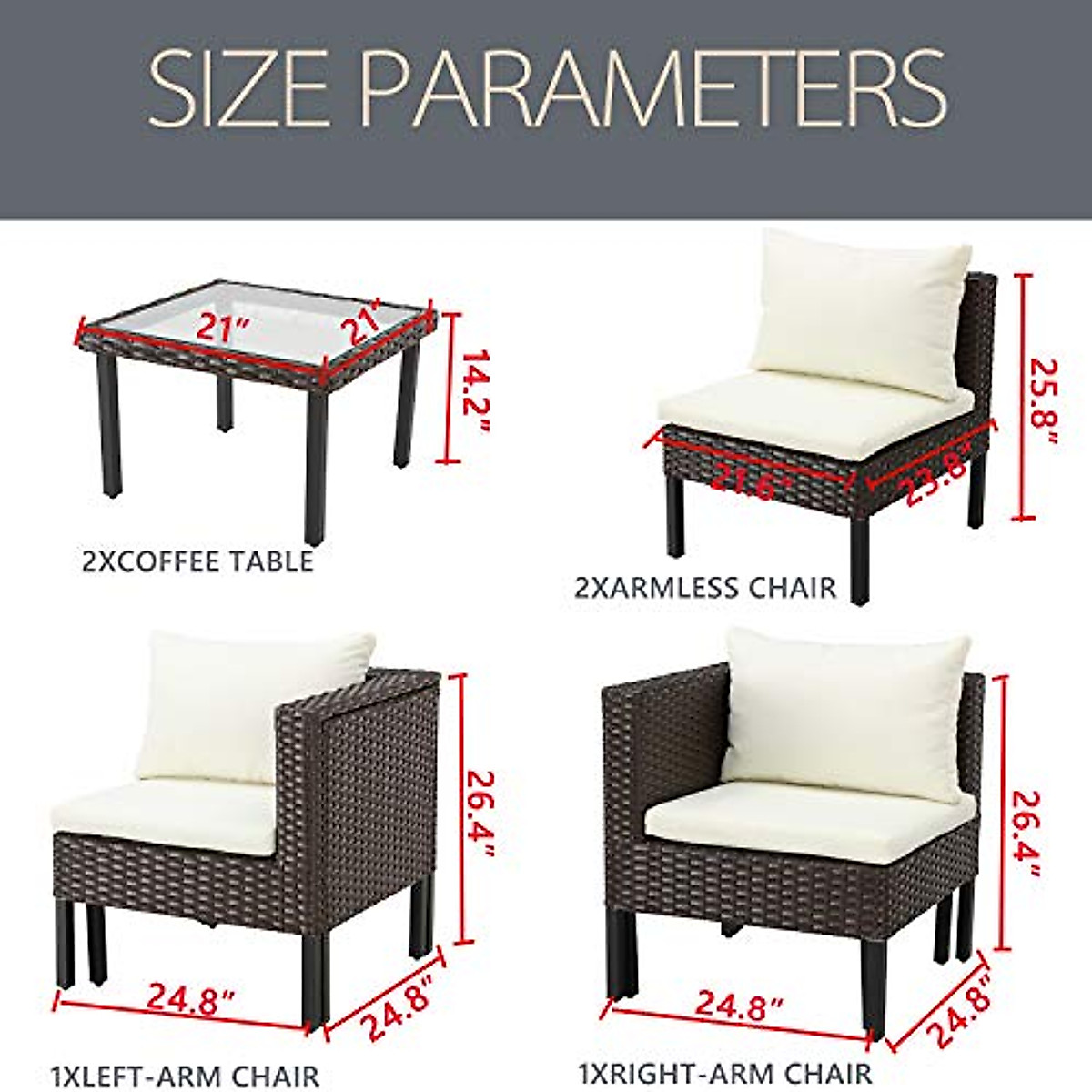 LOKATSE HOME 6 Pieces Patio Furniture Outdoor All Weather Wicker Conversation Sets with Brown Rattan Sofa Chair, Cushions and Coffee Glass Table, Beige