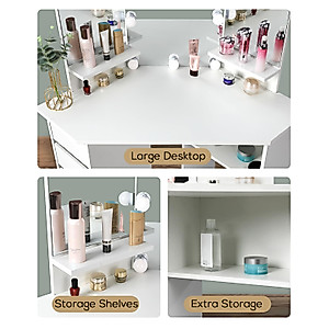 VOWNER Vanity Desk with Mirror and Lights - Vanity with 3 Lighting Options, Adjustable Brightness, Vanity Set with 5 Sliding Drawers, Shelves and Vanity Stool, Corner Vanity for Women Girls, White 43"