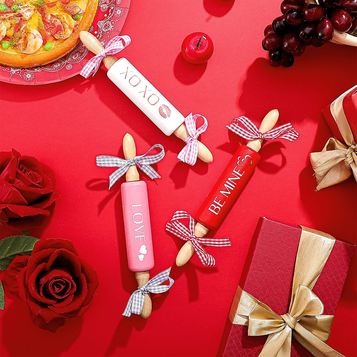 CHENGU Valentines Tiered Tray Decor 3 Pieces Valentine's Day Rolling Pin Decor Farmhouse Handmade Decor Tiered Tray Decoration Wood Rolling Pin Farmhouse Valentine's Day Decor (Romantic Style)