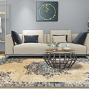 SUPERIOR Indoor Non-Slip Area Rug or Runner, Foam Backed Rugs for Living Room, Kitchen, Entryway, Bedroom, Dining, Office, Floral Medallion Home Floor Decor, Decklan Collection,10' x 14', Cream