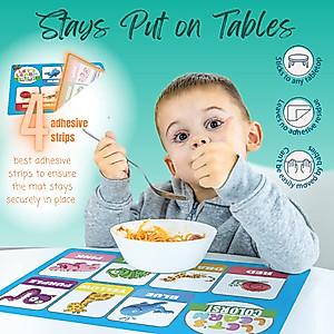Baby PhD Disposable Placemats for Baby, Kids, & Toddlers - Let's Learn Design - Table Mat or Topper for Restaurants, Stick-On Placemat for Travel, Sticky Strips Stay in Place - 3 Designs, Pack of 60