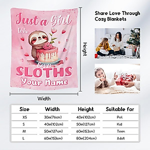 Custom Sloth Blanket with Name, Sloth Gifts for Girls Women, 60"x80" Soft Pink Blanket for Girls Gifts Decor, Sloth Printed Blankets Present Ideal, Cute Flannel Kids Throw Blankets for Couch