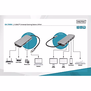 Digitus 8-Port USB-C Dock, 2xUSB3.0, 1xRJ45, 2xHDMI, 1xPD, 1xMicro SD, 1xSD, Grey