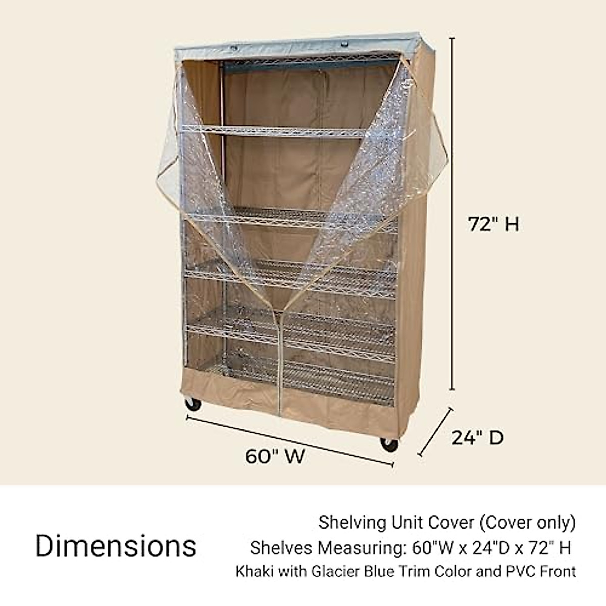 Formosa Covers | Storage Shelving Unit Cover for Metal Wire Utility Racks in Garage, Home, Kitchen, or Office Organization Khaki and Clear PVC Viewing Panel and Blue Trim (60" W x 24" D x 72" H)
