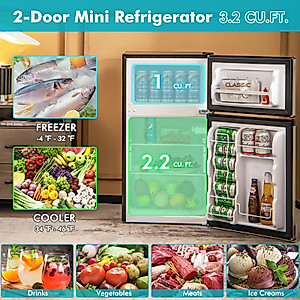 PETSITE Compact Refrigerator, 3.2 Cu.Ft. Stainless Steel Mini Fridge with 5 Temperature Settings, Reversible Door, Unit 2-Door Small Freezer Cooler for Dorm, Office, Apartment