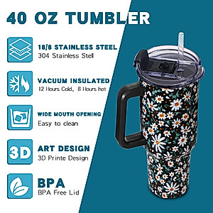 Daisy Gifts for Women – 40oz Insulated Tumbler with Handle & Straw, Floral Stainless Steel Cup, Birthday & Mother’s Day Gift for Mom, Sister, Best Friend, Teacher, Nurse