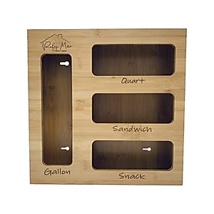 RUBY MAE BAMBOO BAG STORAGE ORGANIZER AND DISPENSER FOR SANDWICH, SNACK, QUART AND GALLON SIZE BAGS STORED IN KITCHEN DRAWER OR HANG ON WALL IN PANTRY