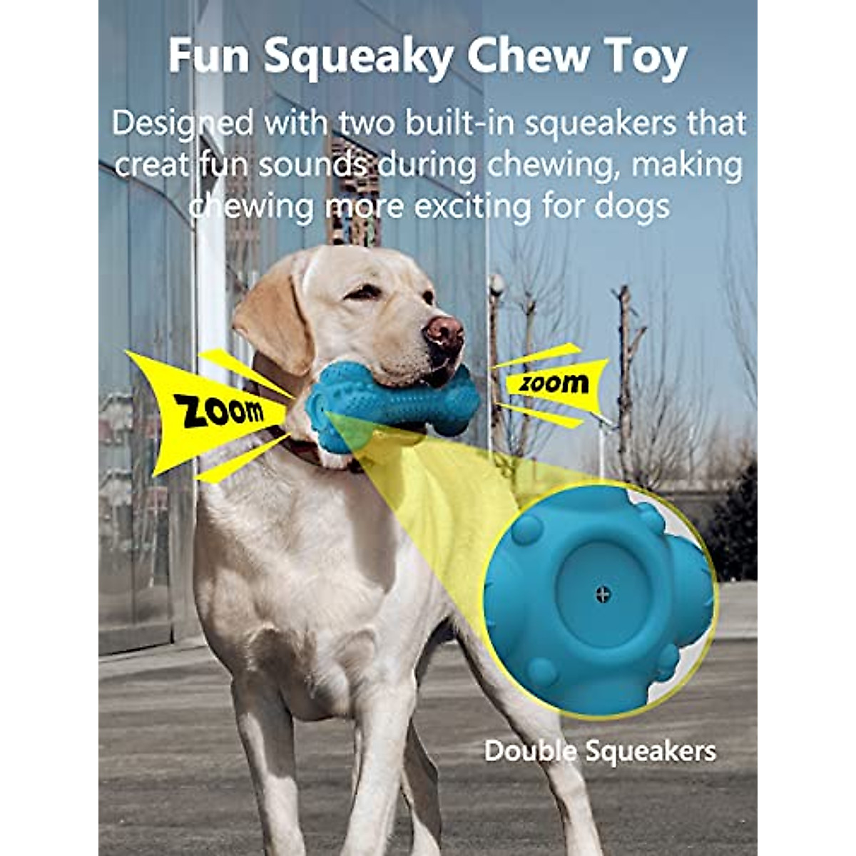 SCHITEC Squeaky Dog Chew Toy, Tough Durable Natural Rubber Bone with Toothbrush, Indestructible for Aggressive Chewers Large Medium Breed Teeth Cleaning