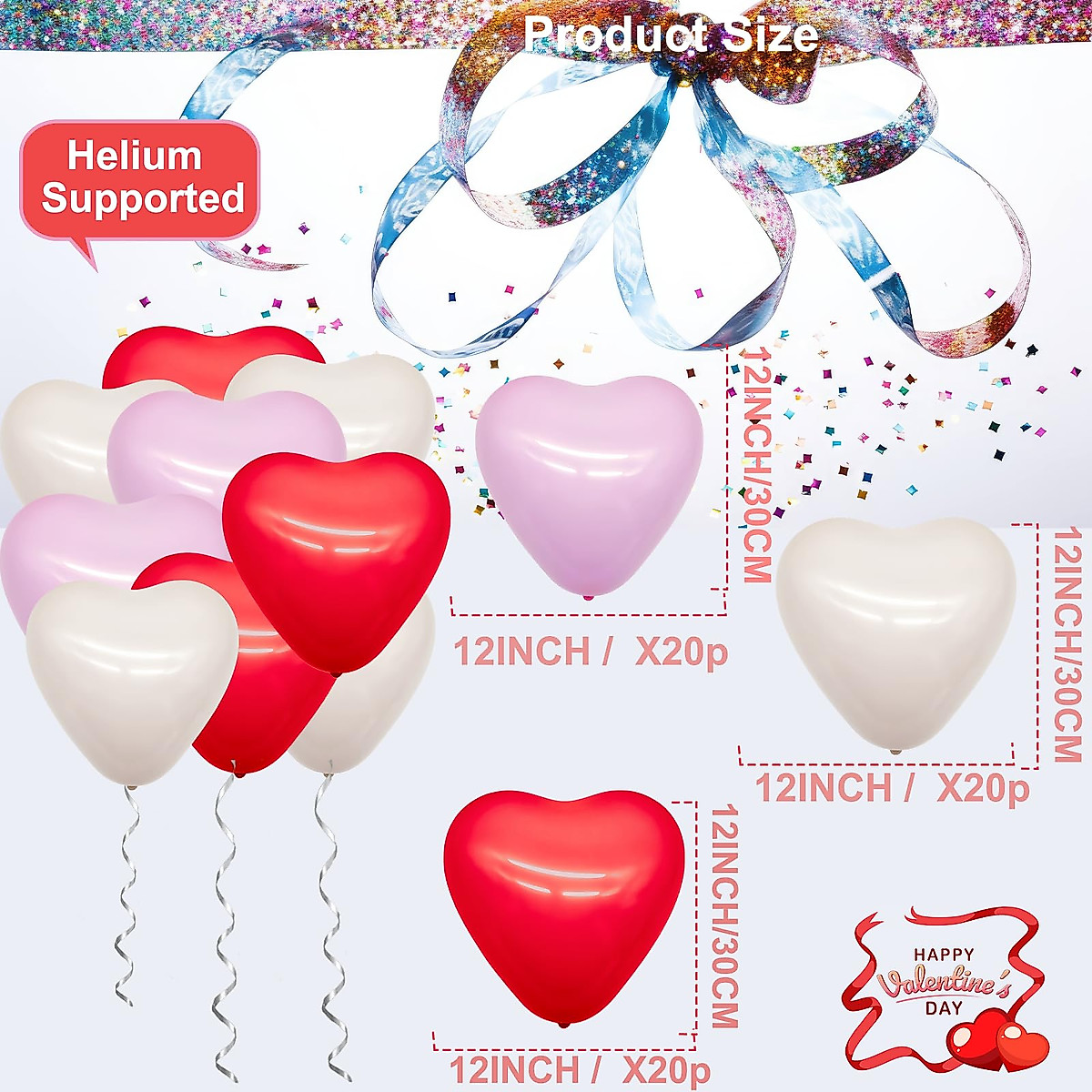 60-Piece 12-Inch Red, White, Pink Heart-Shaped Latex Balloons Set - Romantic Love Heart Balloons Decorations for Valentine's Day, Anniversary, Wedding, Bridal Shower, Propose, Birthday Party Favor