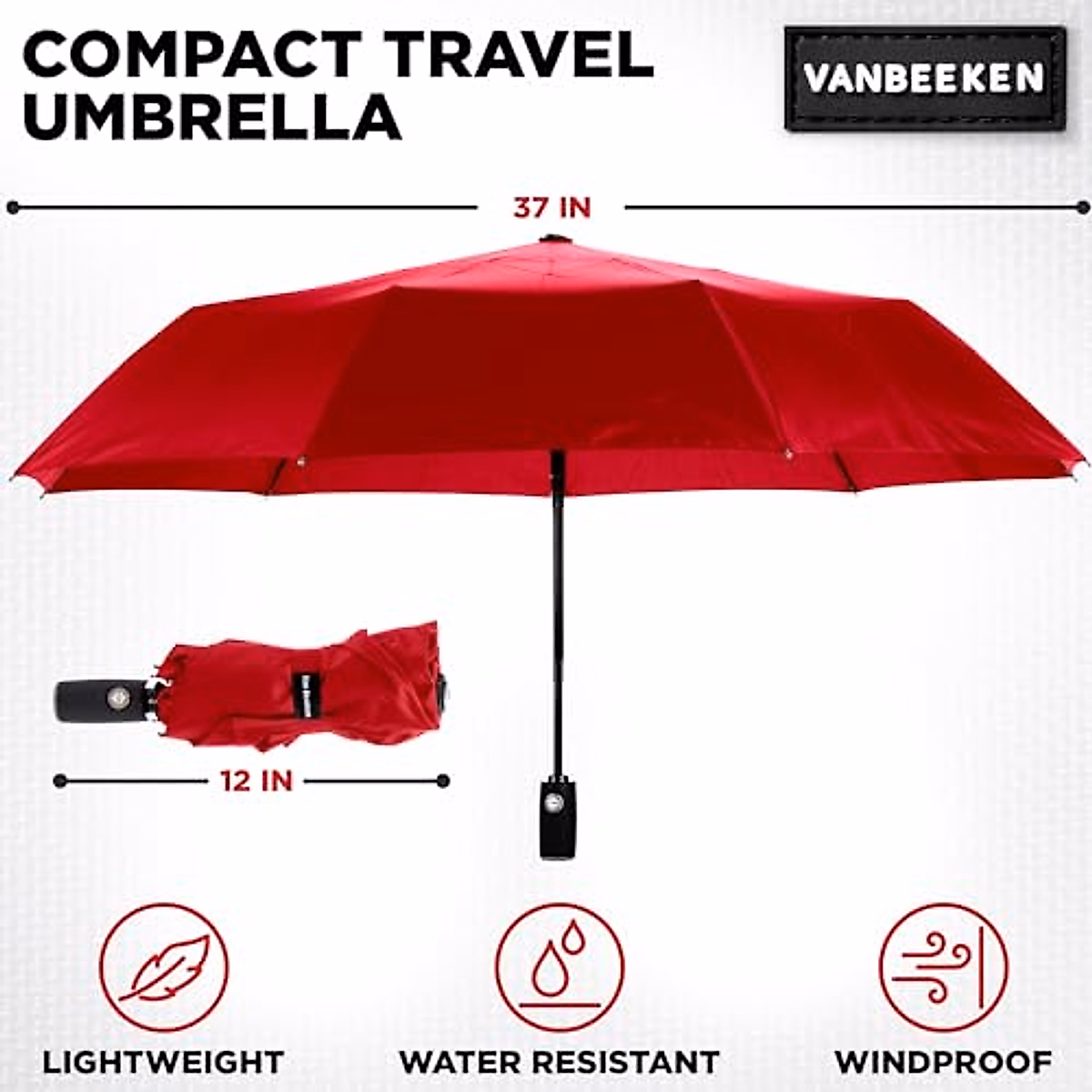 VAN BEEKEN Automatic Open and Close Umbrella, Red, for Men and Women