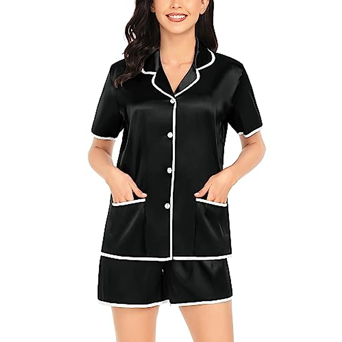 SWOMOG Silk Pajamas for Women Satin Sleepwear Short Sleeve Sleep Shirt with Shorts Soft Loungewear Pjs Set Black