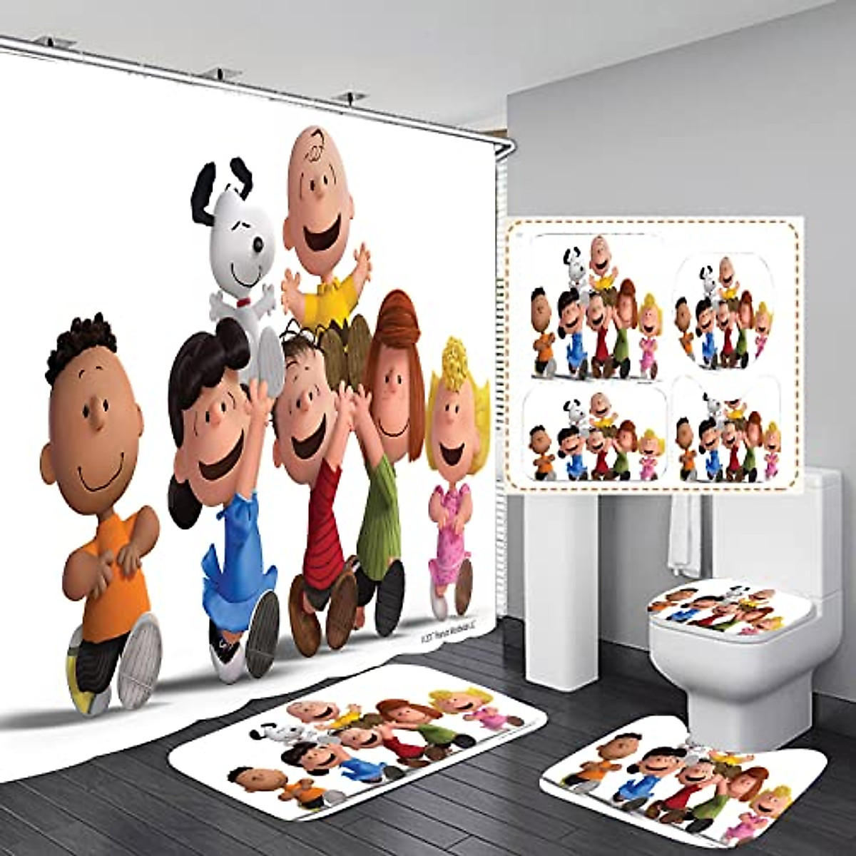 Cartoon Comic Dog Bathroom 4 Pieces Set Shower Curtain, Toilet Lid Cover and Bath Mat, Non-Slip Rugs, Durable and Waterproof, for Bathroom Decor Set, Shower Curtain 72" x 72"