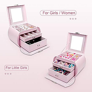 Homde Girls Jewelry Box Pink Storage Case Organizer Faux Leather with Mirror