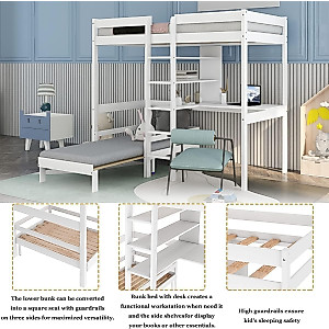 MERITLINE Twin Loft Bed with Desk,Wooden Twin Bunk Bed with Desk and Bookshelf,Convertible Loft Bed for Kids Girls Boys Teens Bedroom, No Box Spring Needed, White