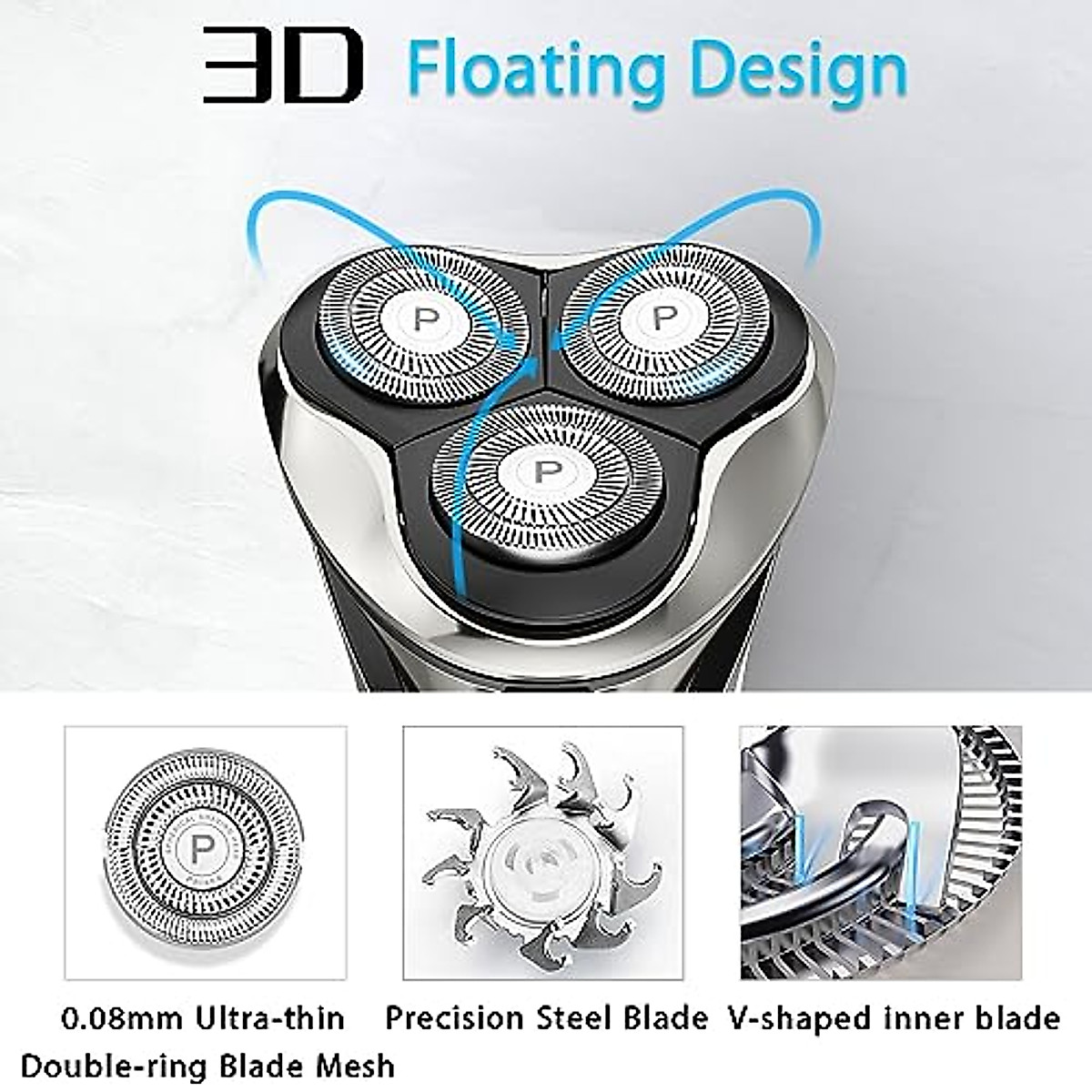 Phisco Electric Shaver Razor for Men Floating Rotary, IPX7, LED Display, Rechargeable, Dry/Wet, Pop-Up Beard Trimmer (Black)