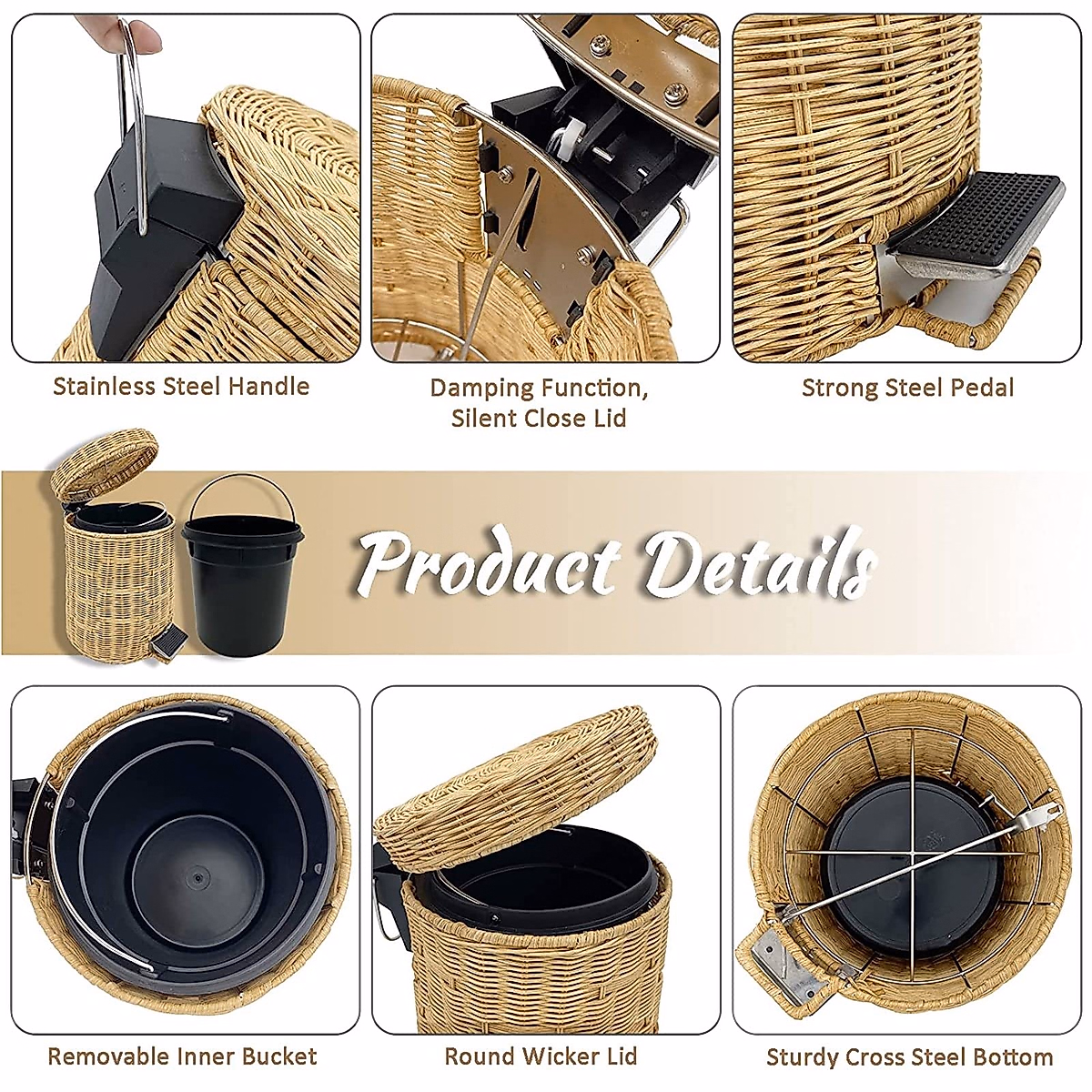 Round wicker dustbin with cover,hand woven foot type Trash Can,with Removable Inner Bucketseparated dustbin in office and living room, waste paper basket, slow-drop dustbin in kitchen and toilet