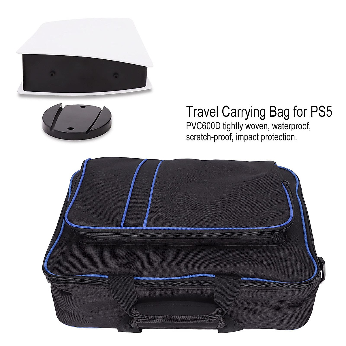 ASHATA Portable Travel Carrying Bag for PS5, Large Capacity Protective Console Case with Adjustable Shoulder Strap and Flared Pad for Games Controller(Blue Black)