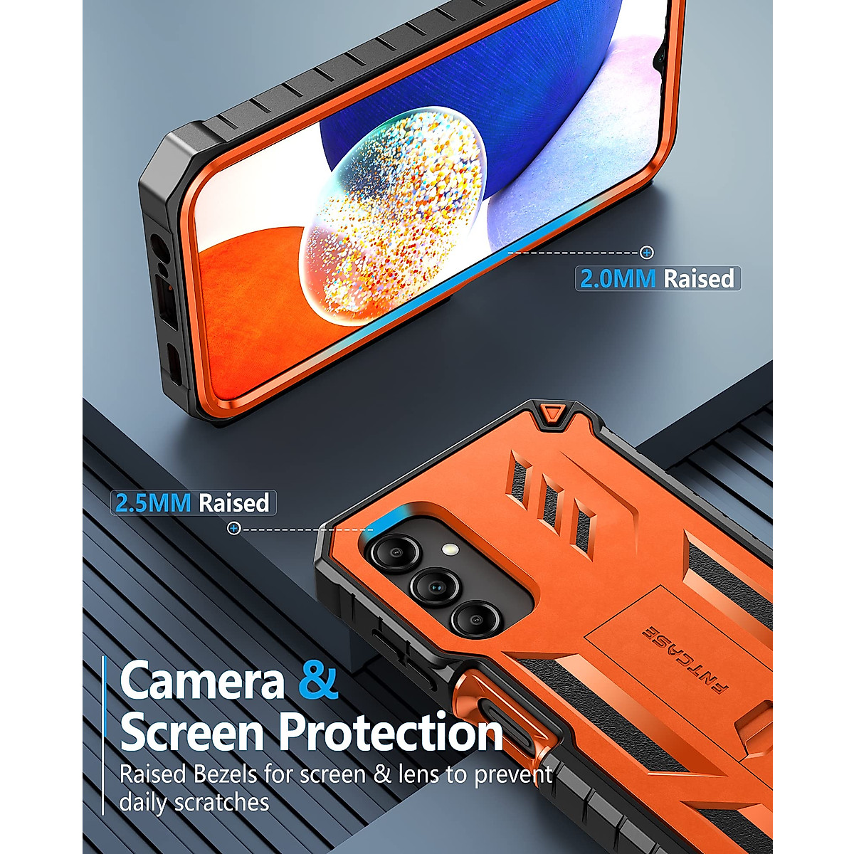 FNTCASE for Samsung Galaxy A14-5G Case: Dual-Layer Protective Textured Shockproof Rugged TPU Cover with Kickstand | Military Grade Drop Protection | Heavy Duty Cell Phone Protector - Orange