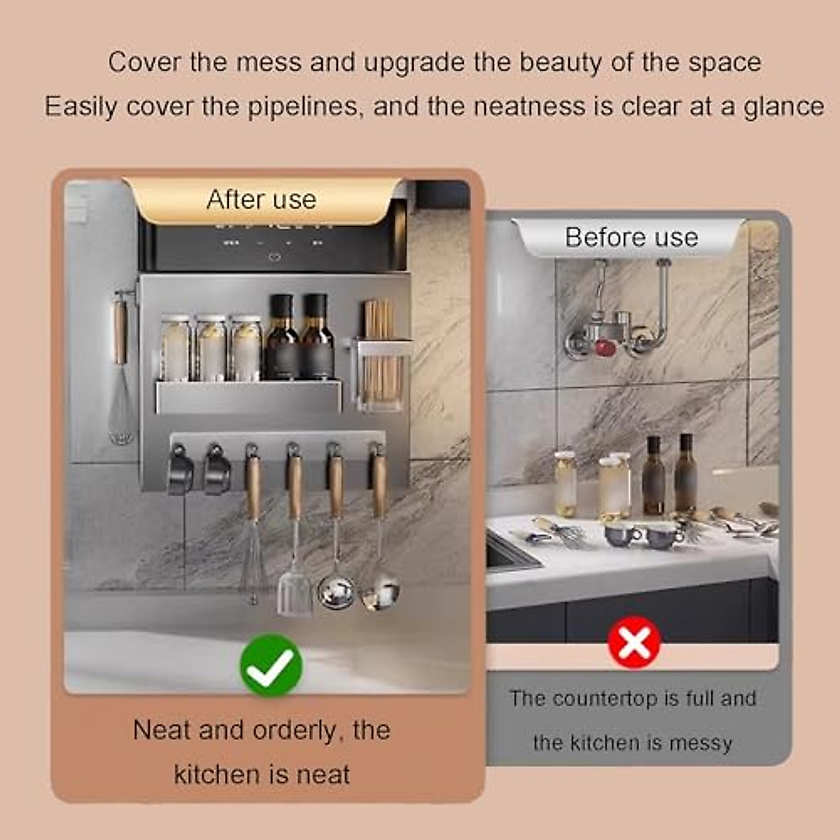 LXBAMKEA Kitchen Organizer Kit, Wall Mount Display Panel, Water Heater Pipeline Decorative Blocking Plate, Home Garage Office Bathroom Storage Rack, Pipeline Shielding Cover((L x D x H) 45x20x30CM)