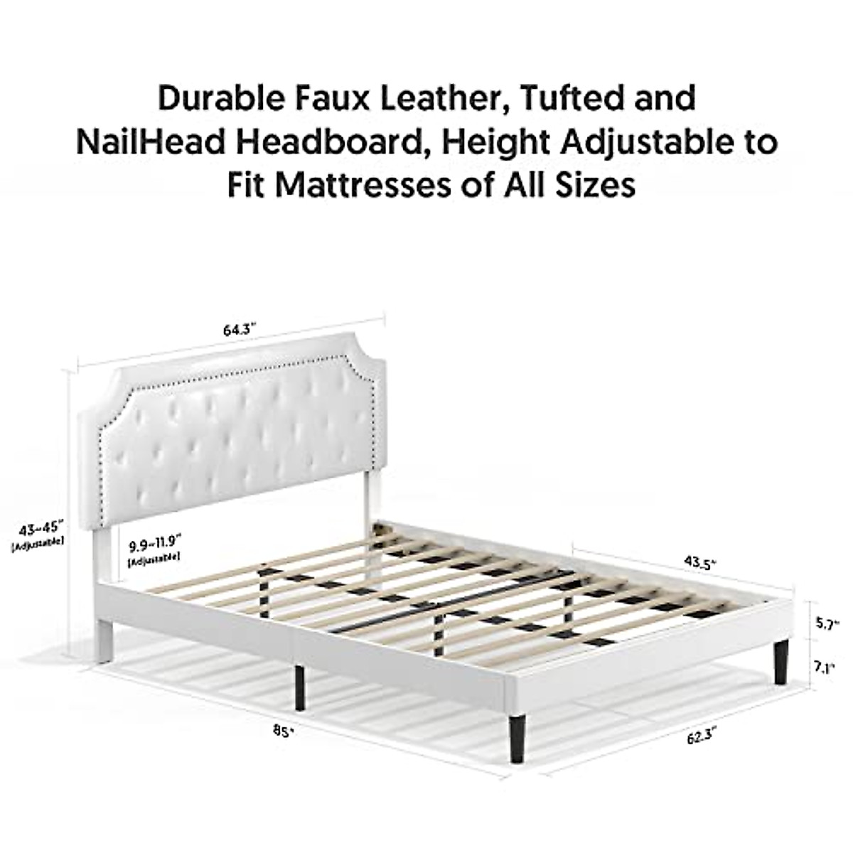 BONSOIR Bed Frame Upholstered Low Profile Platform Bed with Tufted Faux Leather Headboard/No Box Spring Needed/No Bed Skirt Needed (White, Queen Size)
