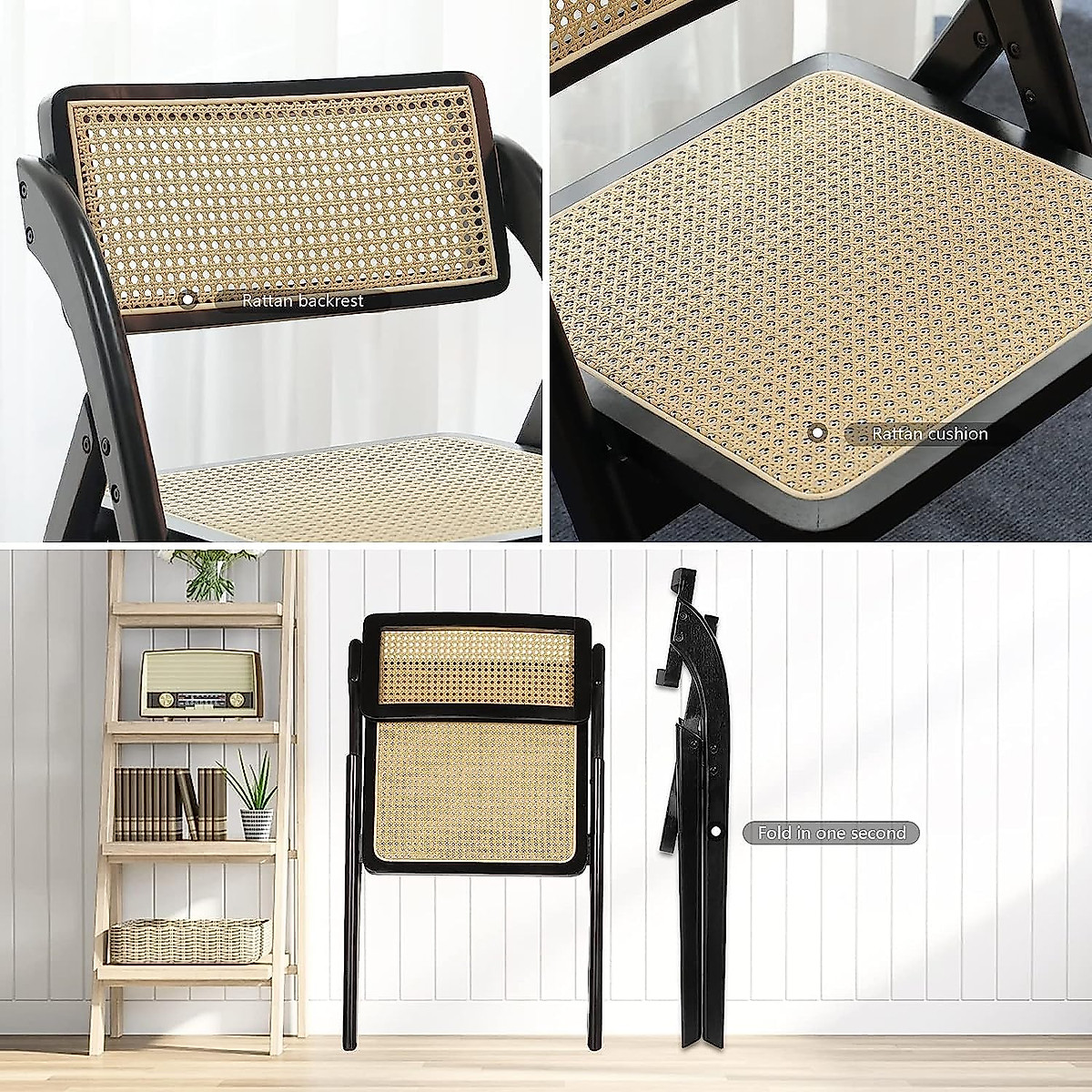 Folding Dining Chairs Set of 2, Foldable Wood Kitchen Chairs 100% Real Rattan Woven Seat and Back,Handmade for Living Room Bedroom, Garden Balcony, Easy Installation (Black)