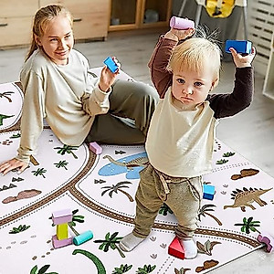 Lukinbox Kids Carpet Playmat Rug for Playroom, 4' x 6' Dinosaur Road Traffic Play Mat for Bedroom, Large Non-Slip Washable Children Nursery Area Rugs Baby Crawling Mat for Kids Room Safe Area