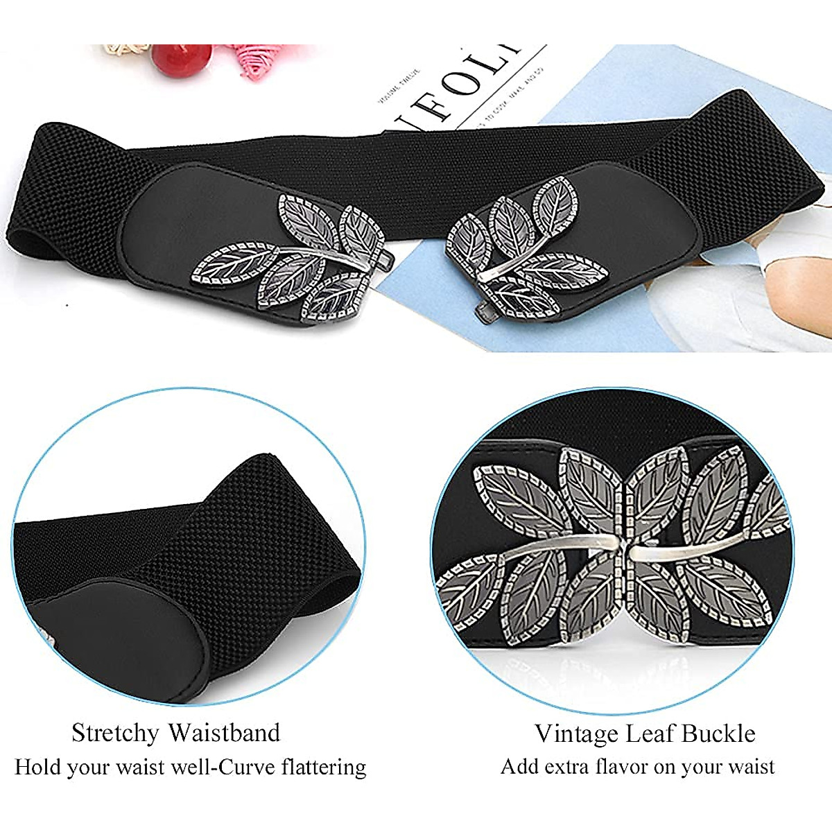 ALAIX Women's Stretchy Belt for Dresses Jumpsuit Coat Belt Vintage Elastic Wide Leaf Waist Belt Waistband