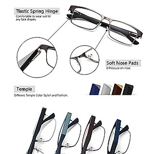 KISDATE OPTICS 4 Pack Reading Glasses Blue Light Blocking Men,Stylish Computer Readers Anti UV/Eyestrain Durable Metal Frame Spring Hinge Quality Eyeglasses Exquisite Leather Case (Mix Color +1.50)