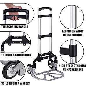 Folding Hand Truck Portable Foldable Dolly Cart Aluminum Dolly Cart Trolley Cart Black MAX Load 180 lbs, with Black Bungee Cord, Telescoping Handle,Solid Aluminium Wheel suspensions, Double Bearings