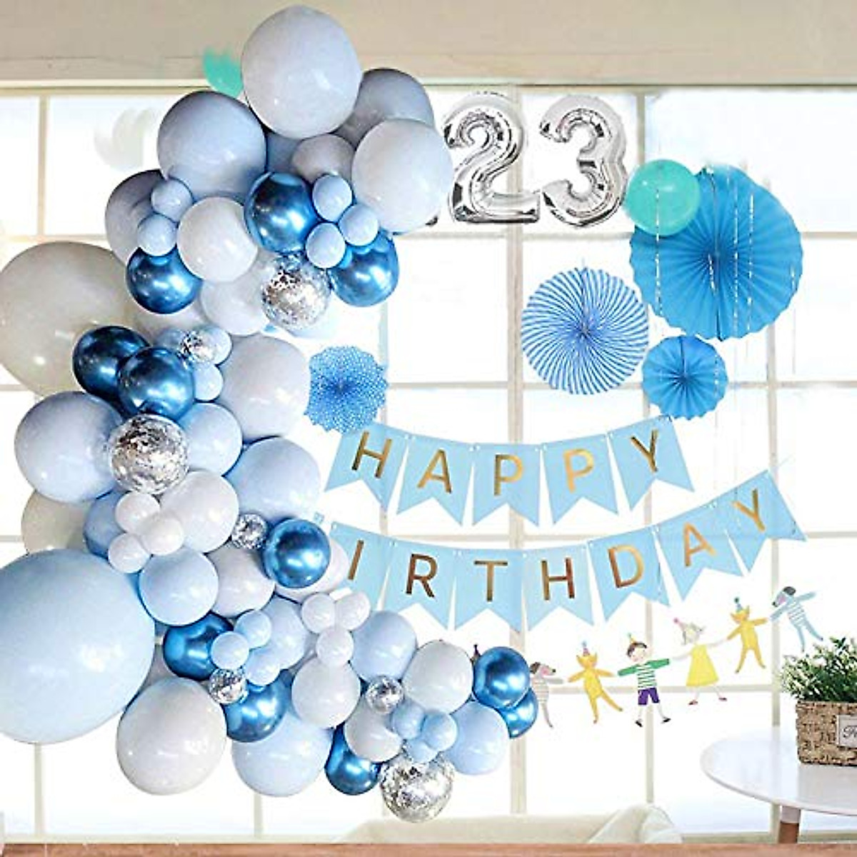 Blue Balloon Garland Arch Kit, 109 Pcs Macaron Blue Confetti & Metallic White Silver Balloons for Baby Shower Boy's Birthday Party Wedding Graduation Decoration Supplies