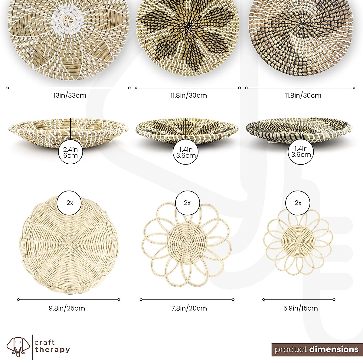 Woven Wall Basket Decor - Set of 9 Handcrafted, Decorative Hanging Wall Baskets - Craft Therapy Rattan and Seagrass Wall Basket Decor set - Ideal for your Cozy home Wall, Farmhouse, Kitchen & More