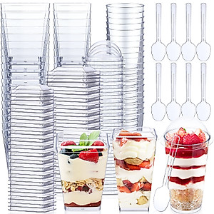 Jerify 150 Pack Plastic Dessert Cups with Lids and Spoons 3 oz Mini Dessert Cups with Spoons 5.4 oz Square Clear Dessert Shooter Cups Parfait Appetizer Cups Disposable Small Mousse Container for Party