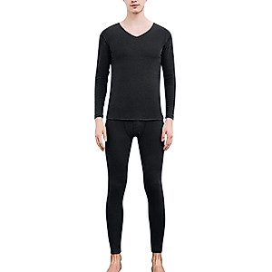 Mens Long Johns Set Winter Warm Soft Fleece Lined Long Johns Base Layer Long Johns Set Top and Bottom(Black,X-Large)