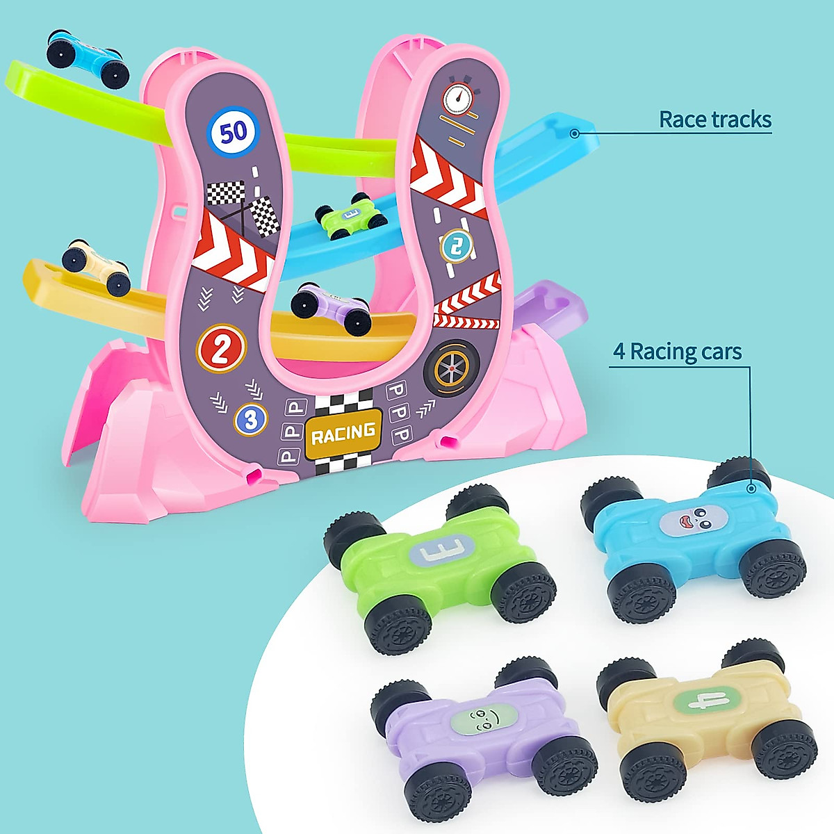 Toys Car Ramp Racer Toy Vehicle Track Set for Toddler 1 2 3 Year Old Boys Girls Gifts,Garage Playset with 4 Mini Racers & Building Parking Lot, Pink