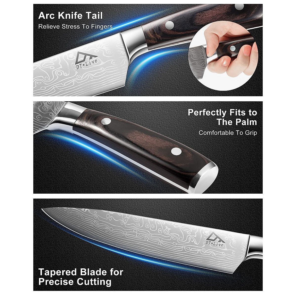 DT·Live Chef Knife, 8 Inch High Carbon German Stainless Steel Sharp Kitchen Knife for Chopping and Slicing, with Gift Box and Knife Cover, Full Tang, Ergonomic Wooden Handle