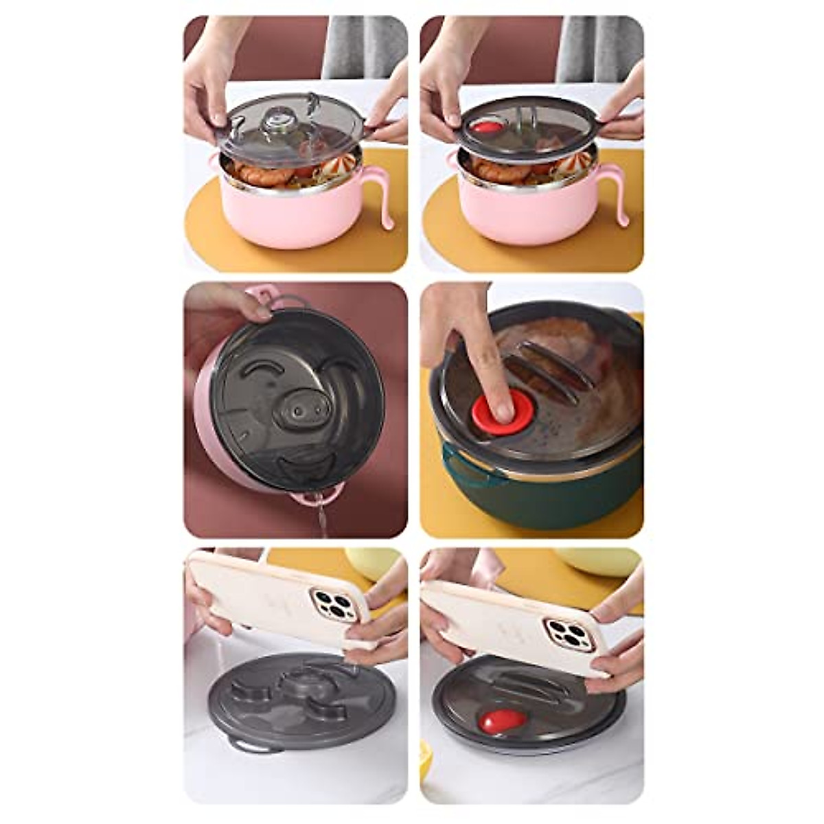 laoze Instant Noodle Bowl with Lid Soup Mug 304 stainless steel 1100 ML Anti Scalding Soup Bowls (Red)