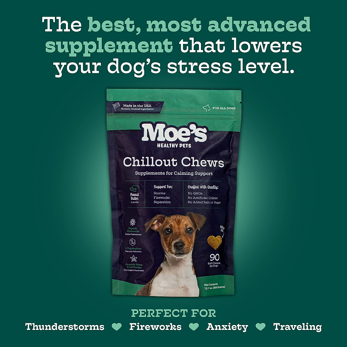 Moe’s Hemp Calming Chews for Dogs - Helps Aid with Storms, Fireworks, Chewing, Barking, Travel, Stress, Anxiety & Separation Anxiety - Tryptophan + Chamomile - Made in The USA - (Peanut Butter)