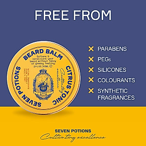 SEVEN POTIONS Beard Balm for Men — Conditioning Beard Softener to Nourish Skin, Facial Hair, and Stop Beard Itch — All-Natural, Vegan, Cruelty Free — Citrus Tonic (2 FL OZ)