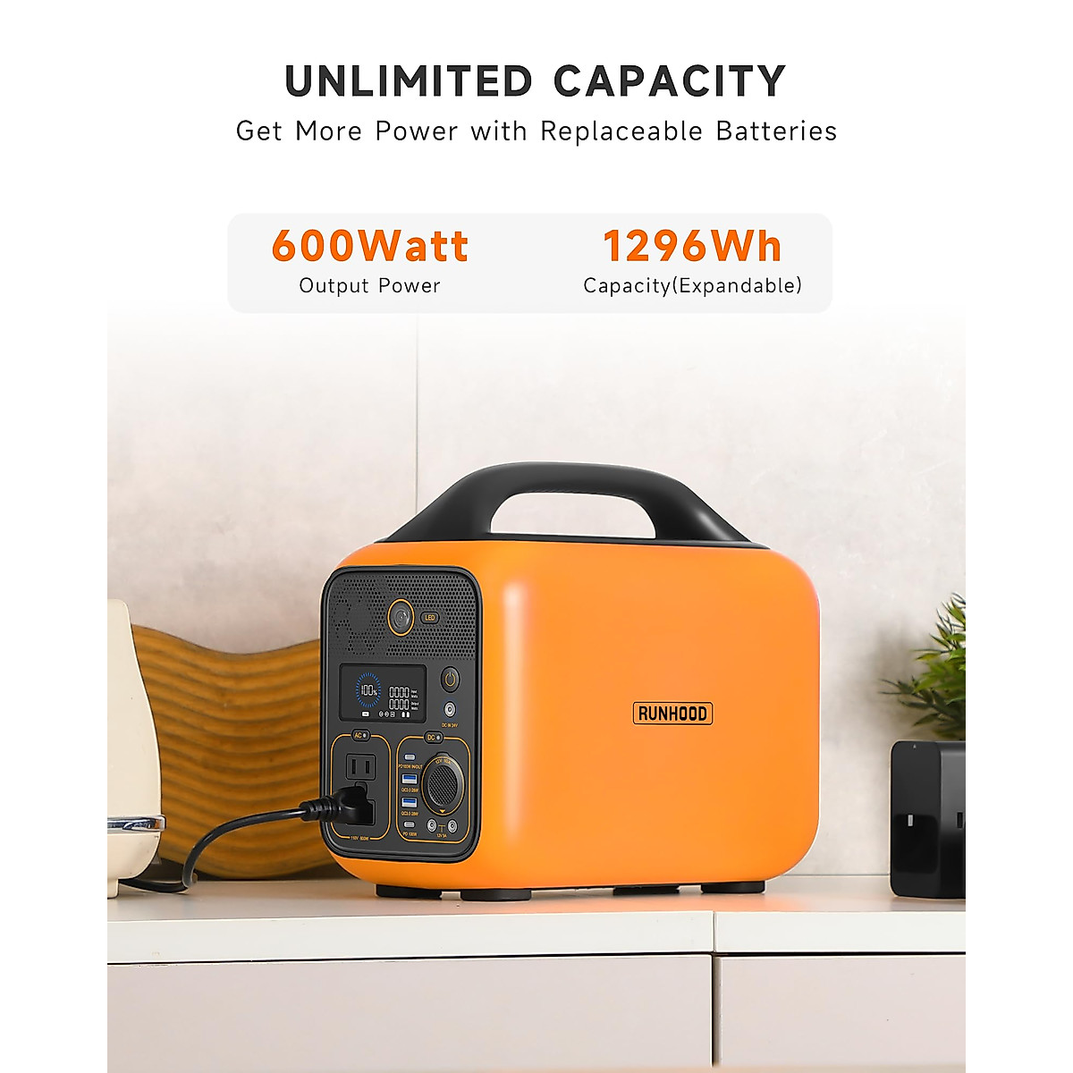 Runhood Solar Generator Rallye 600 Plus, 1296Wh Power Station With Solar Panel & 4 Hot Swappable Batteries, 110V/600W AC Outlet for Outdoors Camping, Home Use, Emergency, CPAP