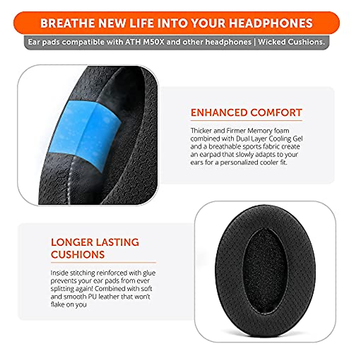 WC Freeze Hybrid Fabric Cooling Gel Replacement Earpads - Compatible with HyperX Cloud, Steelseries Arctis, ATH M50X, Turtle Beach Stealth & More - Comfortable & Cooler for Longer | (Black)