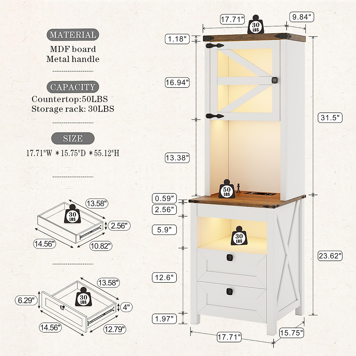FREDEES Farmhouse Tall Bedside Table Set 2, Nightstand with Drawers & Adjustable Sheves, LED Night Stand with Gun Drawer, Smart End Table for Bedroom, Antique White