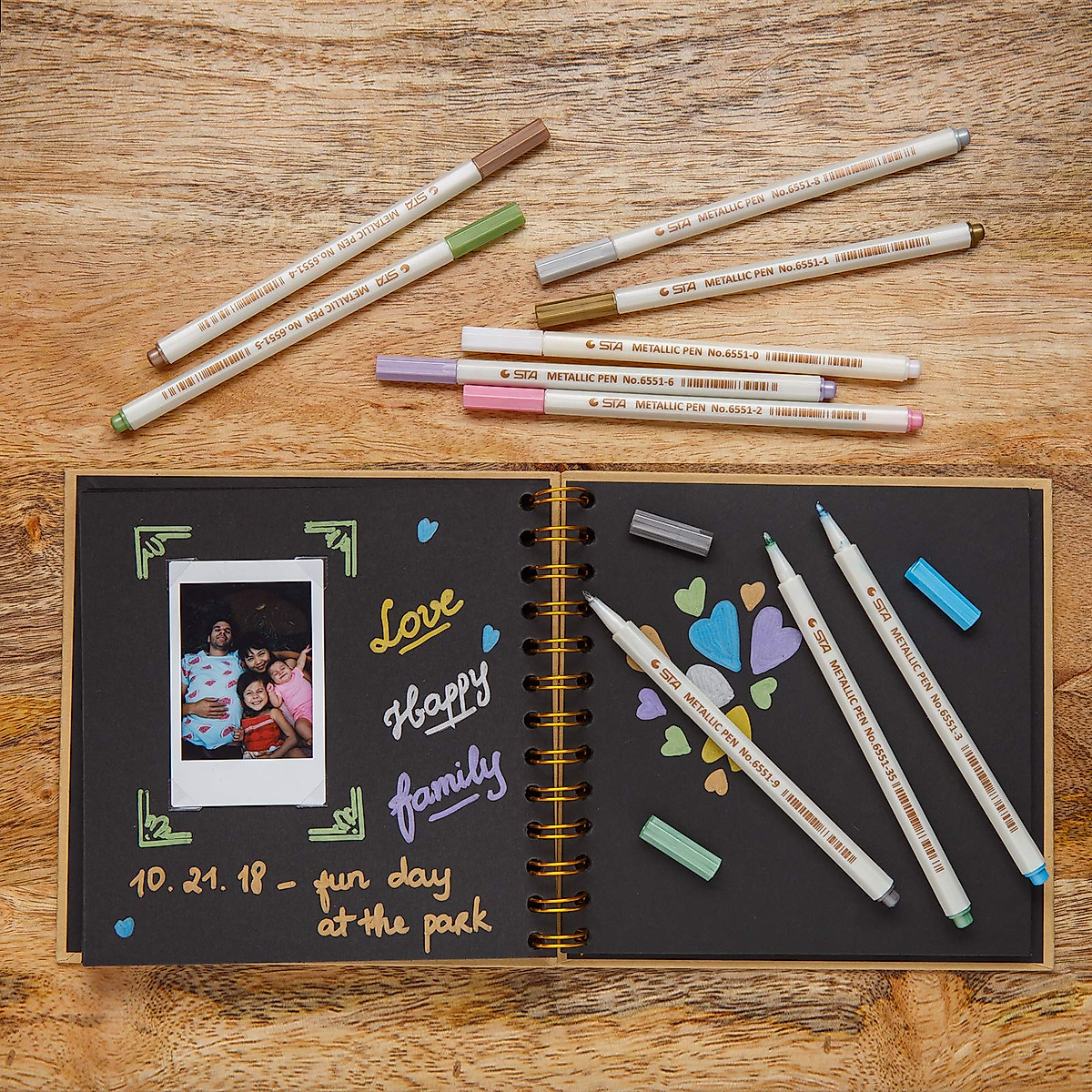 Vexko Scrapbook Bullet Journal Kit: 1 Scrapbook: [7X7 Inches] 20 Sheets, Hardcovers, Black Pages + Scrapbook Supplies: 5 Stencils, 10 Metallic Markers, 3 Sheets of Photo Corners | DIY Photo Album