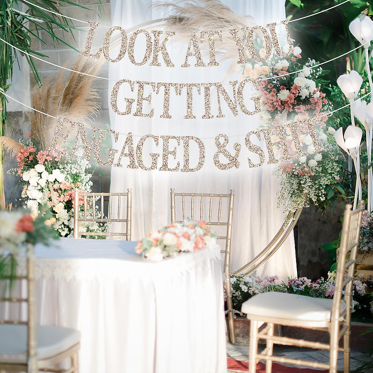 Look At You Getting Engaged & Shit Banner, Happy Engagement Banner, Bridal Shower/Wedding/Engagement/Bachelorette Party Decorations Supplies Glitter