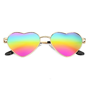 Polarized Heart Shaped Sunglasses for Women Metal Frame Cute Lovely Glasses 100% UV Protection (Gold/Rainbow Mirror)
