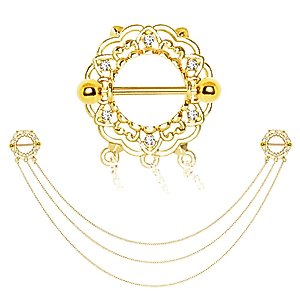1 14 Gauge 3/4 Inch Barbell Gold IP Stainless Steel Triple Chain Floral Nipple Shields Piercing Jewelry F201