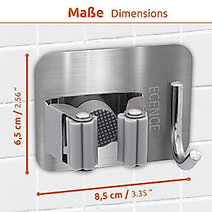 ECENCE 4x Broom Holder Self-Adhesive with Hook, Mop Hanger Wall Mount, Garden Tool Rack, Garage Storage Systems, Laundry Kitchen Tool Organizer Silver