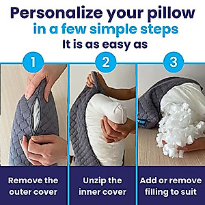 Sidney Sleep Bed Pillow for Side and Back Sleepers - Adjustable Filling - Memory Foam Pillow for Neck and Shoulder Pain - Customizable Loft - Queen Size - Additional Foam Bag Included (Grey)