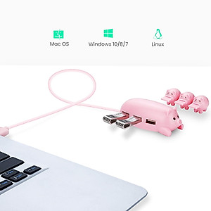 JoyReken Pink Pig USB Hub, 3-Port Cute USB Hub with 3 Piglet Decoration Lids, Perfect Pig Stuff & Gifts for Pig Lovers, USB Splitter for Hard Drives, Mouse, and Keyboard.