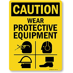 SmartSign 24 x 18 inch “Caution - Wear Protective Equipment” OSHA Metal Sign, 80 mil Laminated Rustproof Aluminum, Black and Yellow