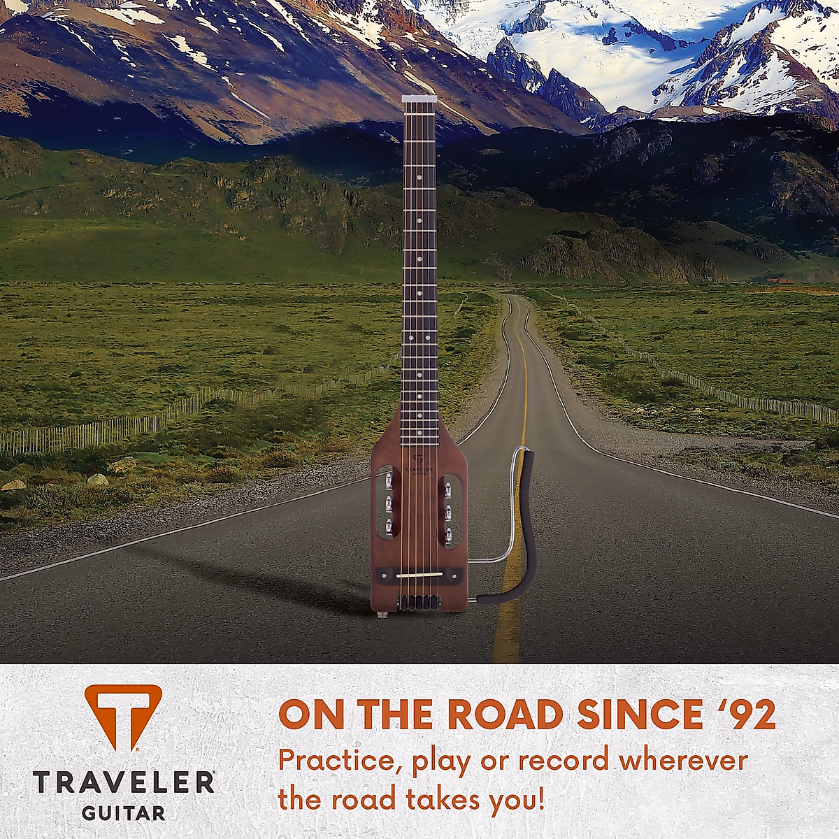 Traveler Guitar Ultra-Light Guitar for Travel | Portable and Headless Electric Acoustic Guitar | Full 24 3/4" Scale | Antique Brown Travel Guitar with Custom Gig Bag and Removable Lap Rest